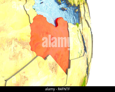 3D render of Libya in red on blue political globe with transparent ...
