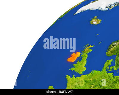 Space orbit view of Ireland highlighted in red on planet Earth at night ...