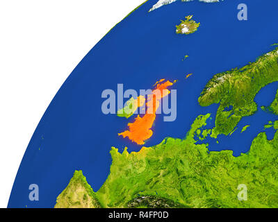 Satellite view of United Kingdom highlighted in red on planet Earth. 3D ...