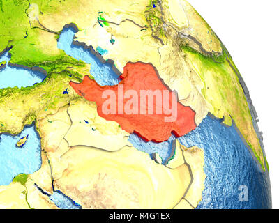 Iran highlighted in red on blue political globe. 3D illustration Stock ...