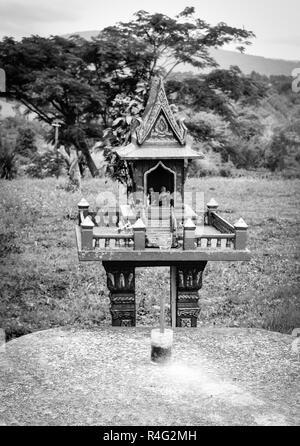A old wooden spirit house or Joss house built for guardian spirit to ...