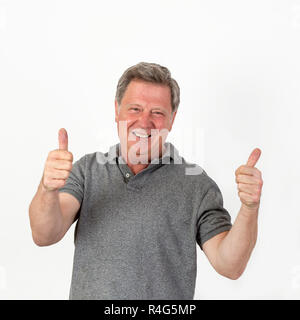 Photo of cute elder grey man wear cap yellow t-shirt overall isolated ...