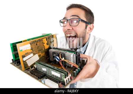 Nerd engineer posing with computer components isolated in a white ...