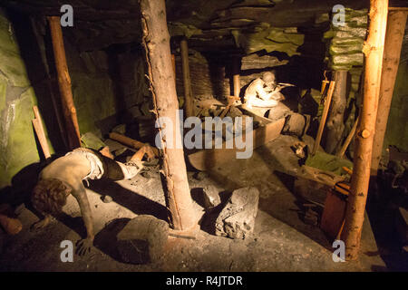 Coal mining display, miners at coalface using manual labour, Radstock ...