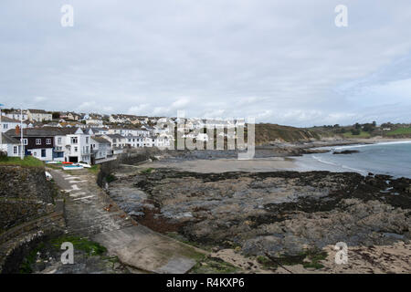 View of the quay and beach at Portscatho on the south coast of Cornwall ...