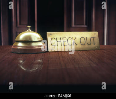 Hotel reception bell and Check out card isolated on white Stock Photo ...