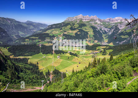 Lake Truebsee and mount Titlis glacier over Engelberg on the Swiss alps ...
