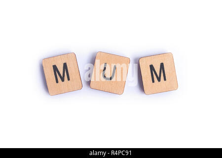 The word MUM spelt with wooden letter tiles Stock Photo - Alamy