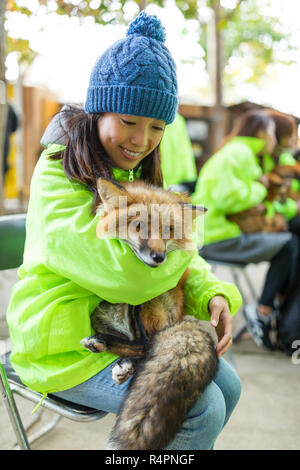 Woman hug with wild fox Stock Photo - Alamy