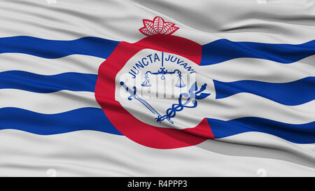 Cincinnati city of Ohio flag waving in the wind, sky and sun background ...