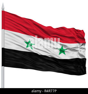 Realistic national flag of Syria on steel pole on blue isolated ...