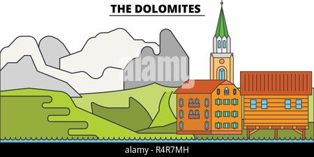 Italy, The Dolomites line travel skyline set. Italy, The Dolomites ...