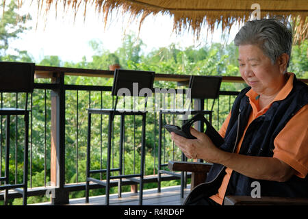 asian elder woman holding mobile phone in garden. elderly female ...