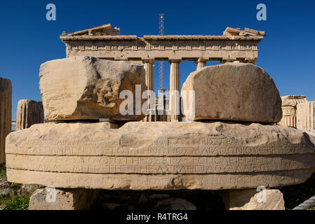 Greece, Athens, Acropolis, Greek inscription on ruins of Parthenon ...