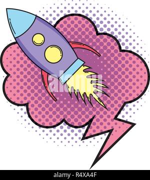 rocket flying with speech bubble pop art style vector illustration ...