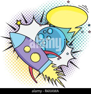 moon with speech bubble and rocket pop art vector illustration design ...