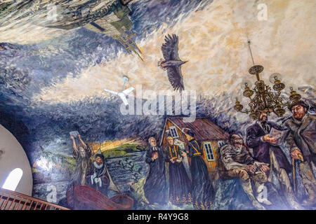 Paintings on the ceiling of Flatey church on Flatey Island, off the ...