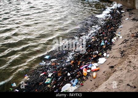 Irish Sea beach plastic pollution rubbish on the shoreline at the Stock ...