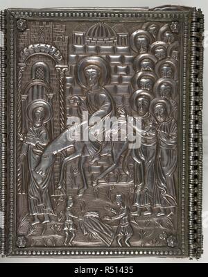 The front cover of 'The Four Gospels' manuscript, dated 1430, features ...