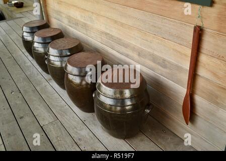 Fermentation crocks on front porch of Front Porch Farm, 110 acres of ...
