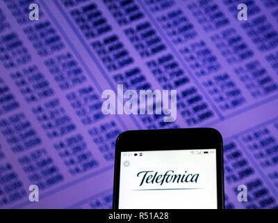 Telefonica Telecommunications company logo seen displayed on smart ...