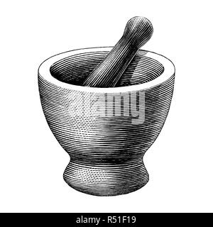 Mortar and pestle with herbs frame vintage engraving illustration logo isolated on white ...