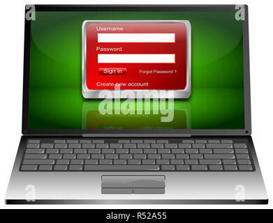 Laptop Computer with red Login Screen on blue desktop - 3D illustration ...