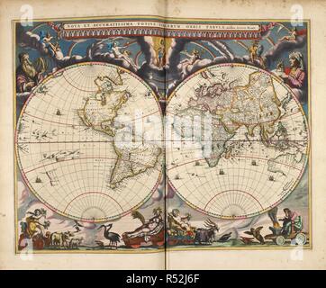 17th century Map of the World Hemispheres, Nova Orbis Tabula Stock Photo - Alamy