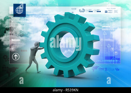 3d man pushing the gear Stock Photo - Alamy