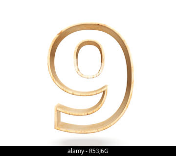 Decorative Wooden Alphabet Digit Nine Symbol - 9. 3d Rendering