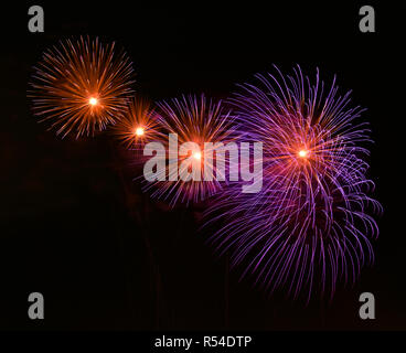 Colorful fireworks close up, fireworks explosion in dark sky. Ventspils ...