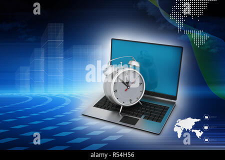 Laptop with alarm clock Stock Photo - Alamy