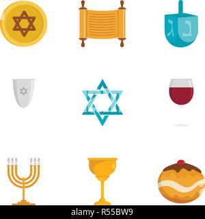 Shabbat Shalom icon set, flat, cartoon style. Collection of Jewish ...
