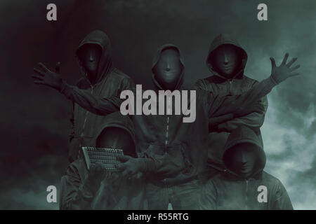 Group of hacker in hoodies. Group of hooded hackers in cybersecurity ...