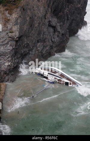 Shipwrecked yacht smashed on the Island beach Newquay,Cornwall, UK ...