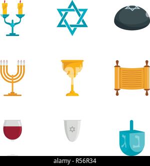 Shabbat Shalom icon set, flat, cartoon style. Collection of Jewish ...