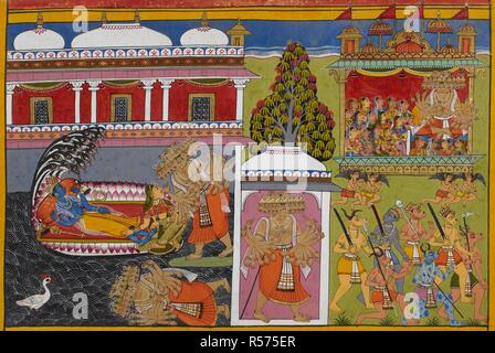 Vishnu on serpent couch in yoga nidra ; Mahishamardini cave ...