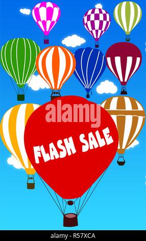 Blue hot air Balloon with ribbon for text. Watercolor illustration for ...