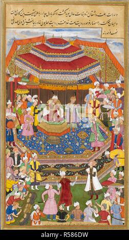 India: Abu'l-Fazl ibn Mubarak presenting the Akbarnama to the Mughal ...