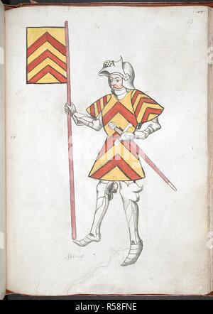 Coloured drawing of a knight in armour and tabard. Legh's Men of Arms ...