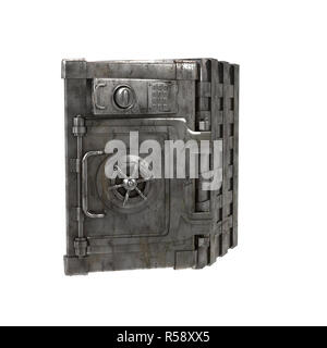 large iron open safe with two doors on an isolated white background. 3d ...