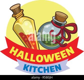 Cauldron and potion bottles on white isolated backdrop. Bones icon for ...