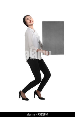 Asian business woman lift heavy box isolated over white background ...