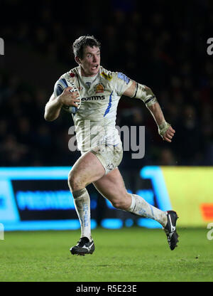 Exeter's Ian Whitten goes onto score his side's fourth try during the ...