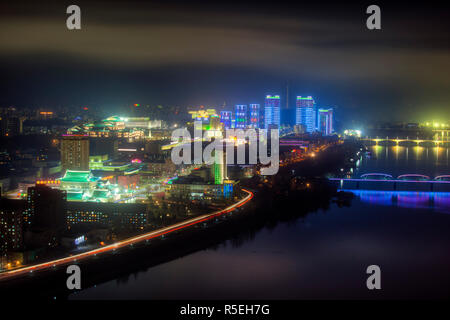 Pyongyang, new modern buildings in the centre of Pyongyang colourfully ...