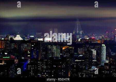 Pyongyang, new modern buildings in the centre of Pyongyang colourfully ...