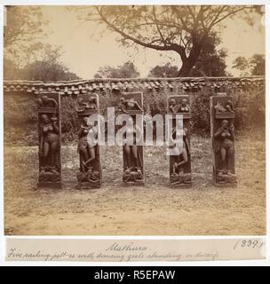 Mathura; pillars with dancing girls standing on dwarfs. Kushan period ...