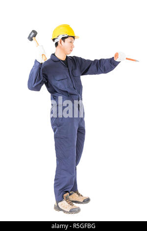 Man hold hammer and cold chisel on white Stock Photo - Alamy