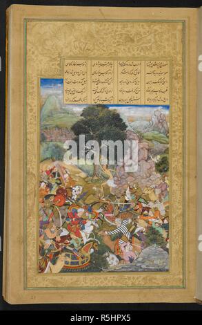 Battle of the tribes watched by Majnun who is holding a rock, 1595 ...