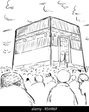 Outline sketch of devout Muslim pilgrims assembled around the Kaaba in ...